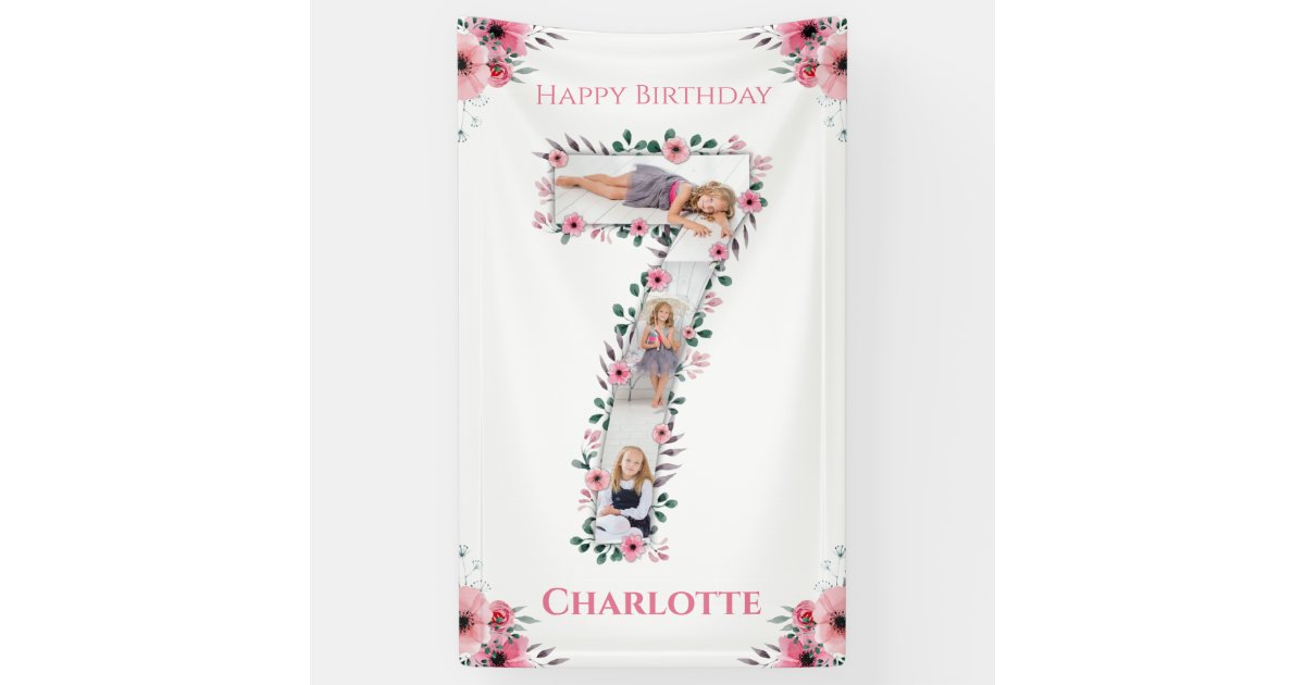 Banderoles Big 7th Birthday Girl Photo Collage Fleur rose | Zazzle.fr