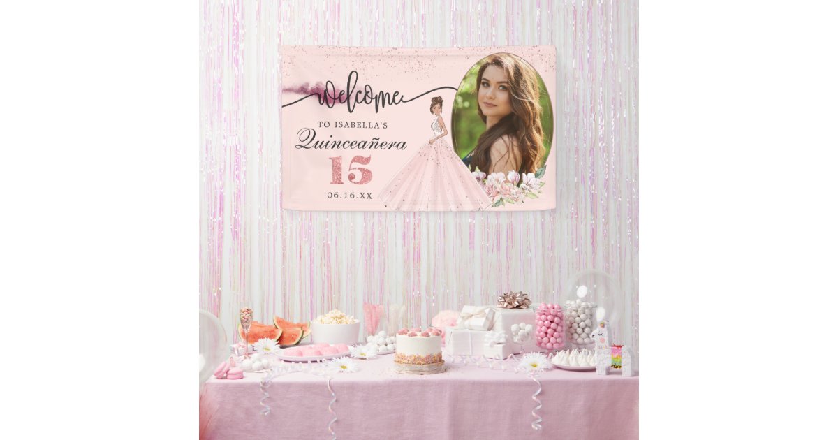 Banderoles Rose Gold Floral Quinceañera Anniversaire Affiche | Zazzle.fr