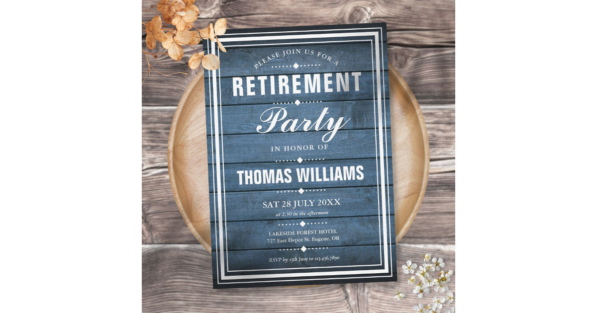 Bleu Rustique Retraite Party Invitation | Zazzle.fr