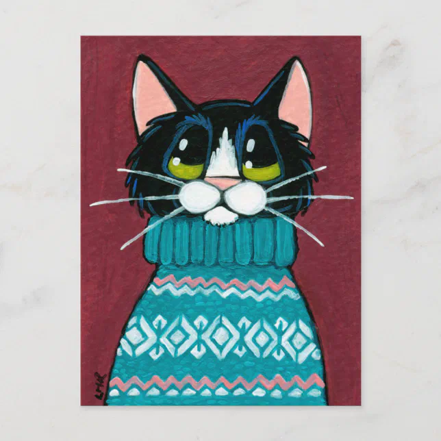 Carte Postale Tuxedo Chat portant une peinture de pull moche | Zazzle.fr