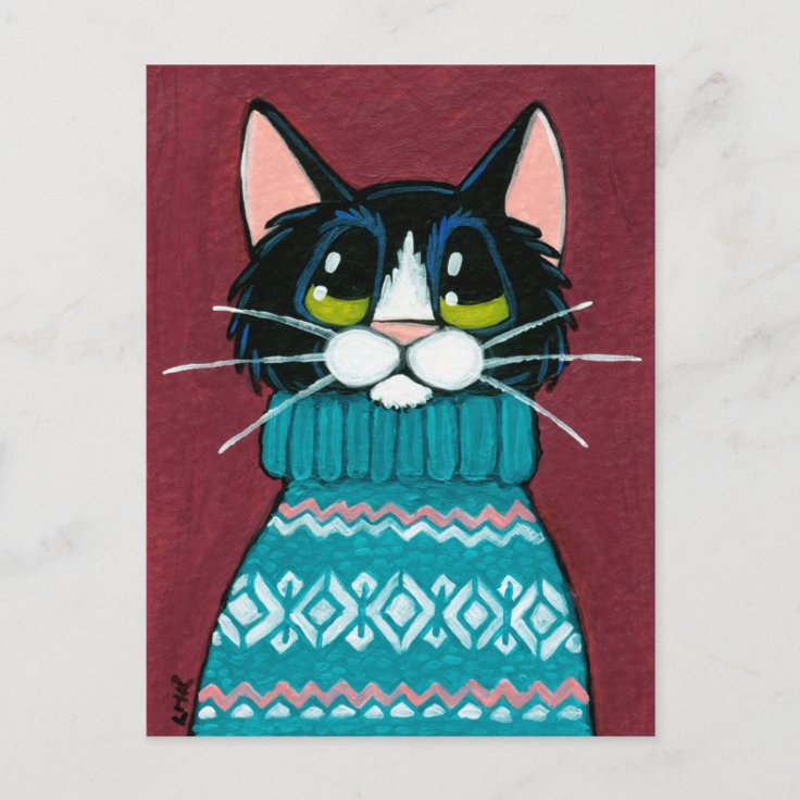 Carte Postale Tuxedo Chat portant une peinture de pull moche | Zazzle.fr