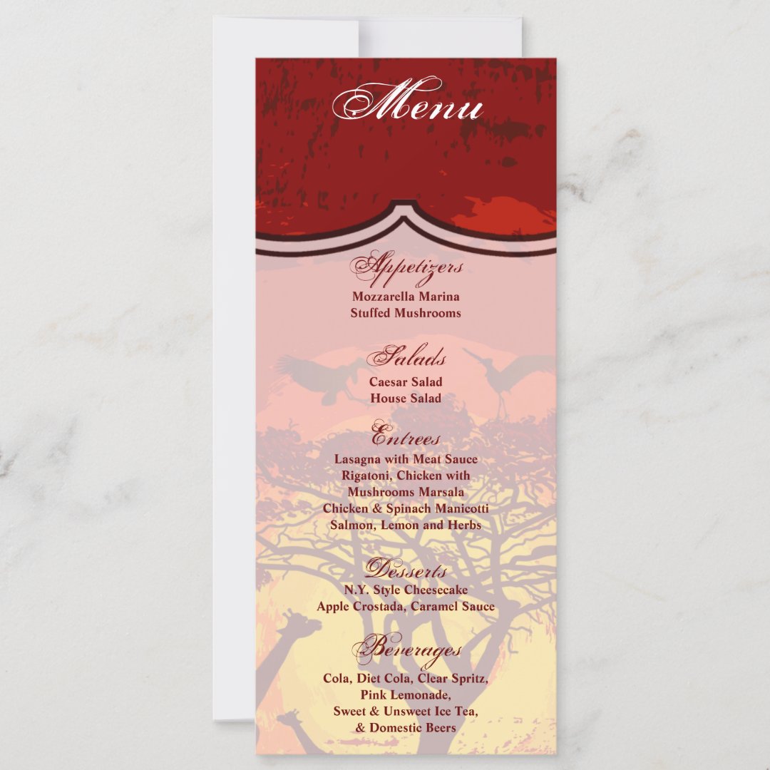 Cartes de menus 4x9.25 Giraffe africaine Safari Su | Zazzle.fr