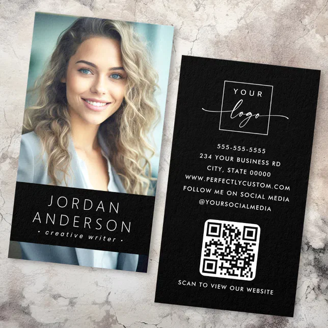 Cartes De Visite Photo logo QR code modern black business card | Zazzle.fr