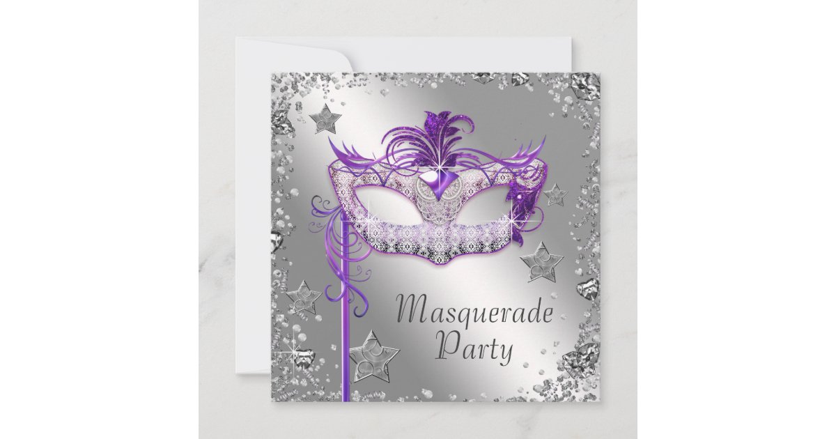 Confetti Argent Purple Masquerade Party Invitation | Zazzle.fr