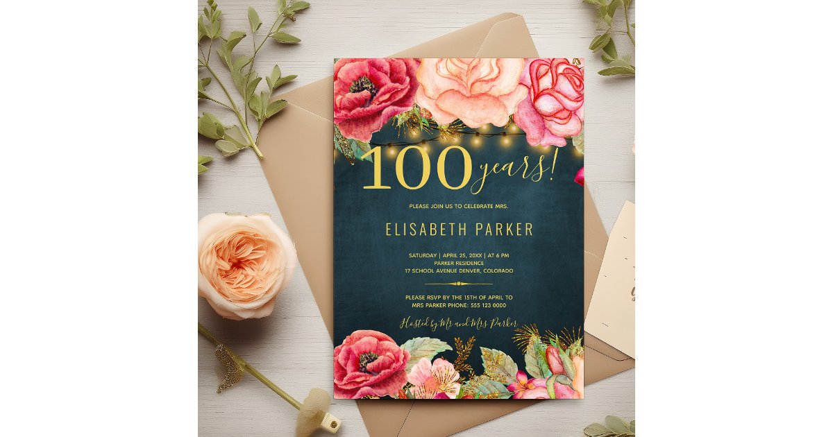 Invitation 100 ans fleurie élégante 100e anniversaire fête | Zazzle.fr