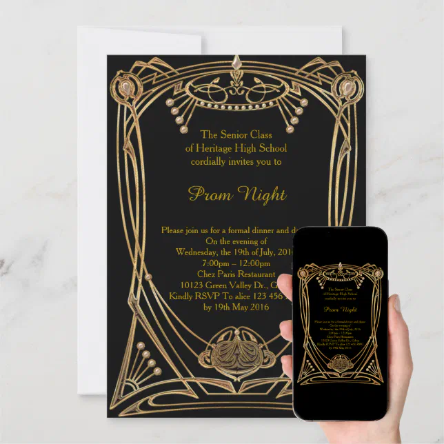 Invitation Bal de promo, noir d'or d'art déco grand-Gatsby. | Zazzle.fr