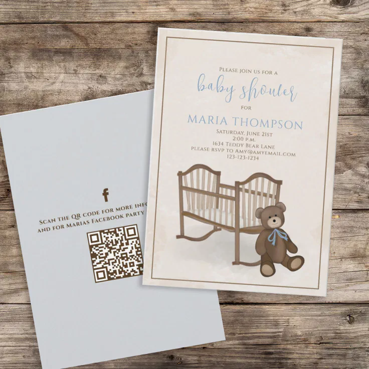 Invitation Bébé Bleu Teddy Ours QR Code Social Media | Zazzle.fr