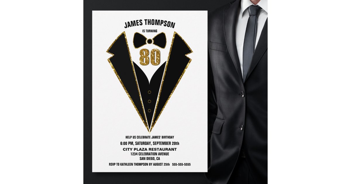 Invitation Black Gold Tuxedo 80e fête d'anniversaire | Zazzle.fr