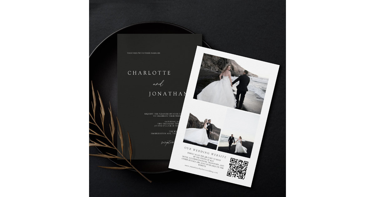 Invitation Black Minimalist Photo Collage QR Code Mariage | Zazzle.fr