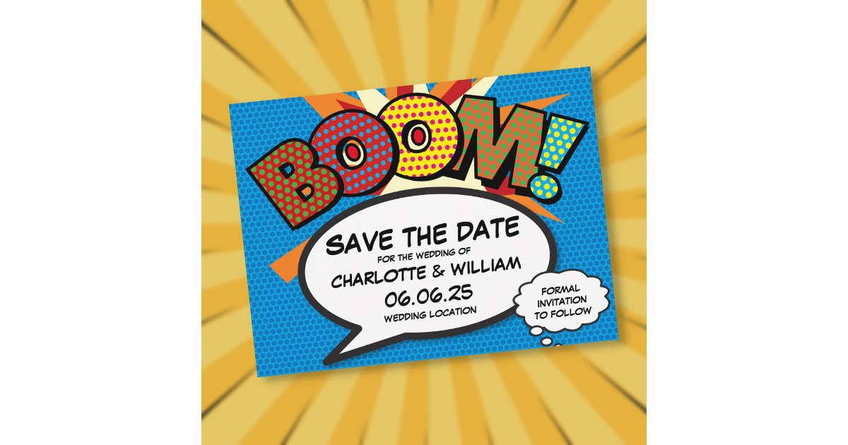 Invitation Carte Postale BOOM Enregistrer la date Fun Modern | Zazzle.fr