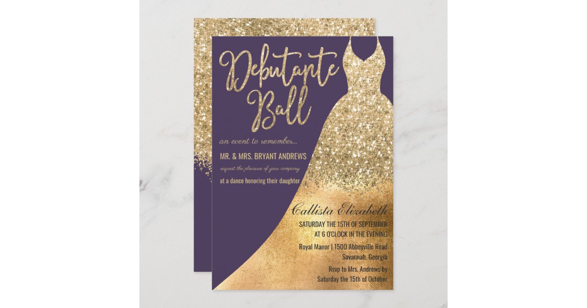 Invitation Elégante Parties scintillant d'or violet robe Debu | Zazzle.fr