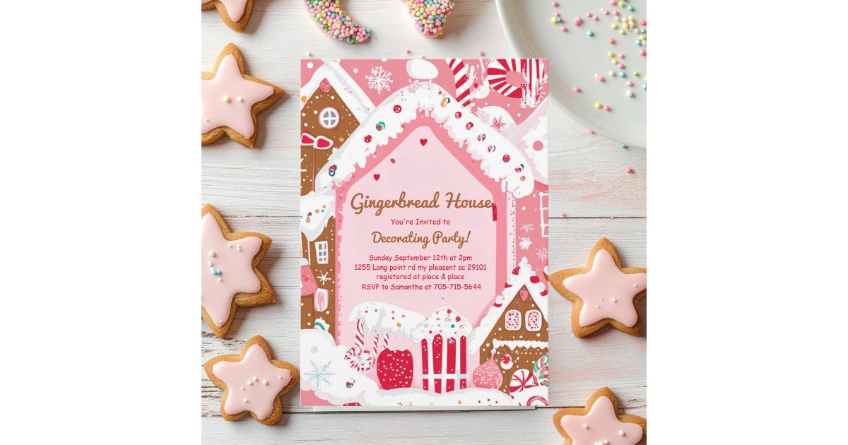 Invitation Maison en pain d'épices rose pour fête de décorati | Zazzle.fr