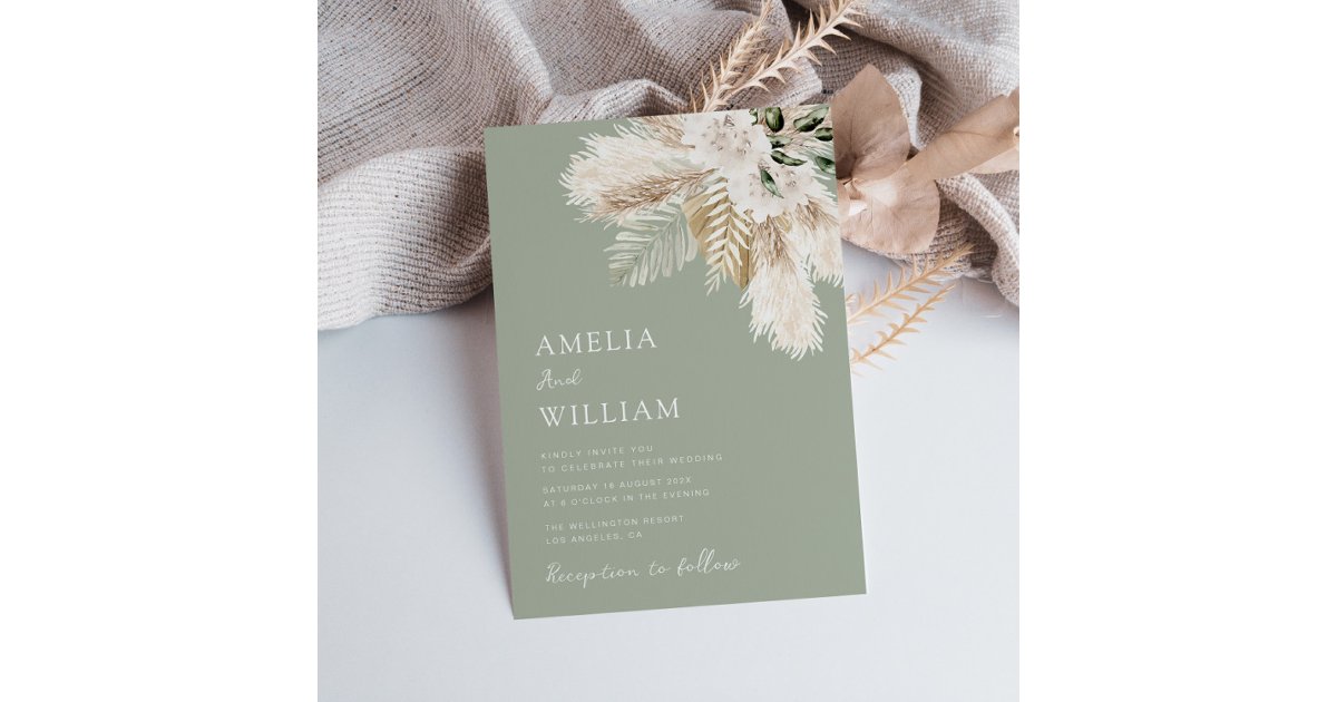Invitation moderne sauge vert pampas herbe mariage | Zazzle.fr