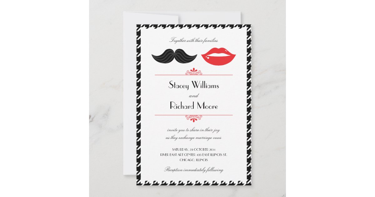 Invitation Moustache rouge, noir et blanc & lèvres Houndstoot | Zazzle.fr