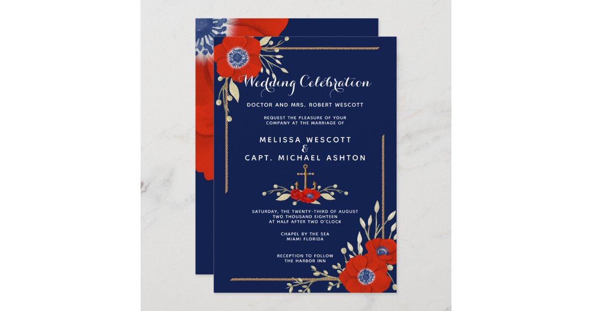 Invitation Rouge Blanc & Bleu Formel Anemone Mariage Nautique | Zazzle.fr