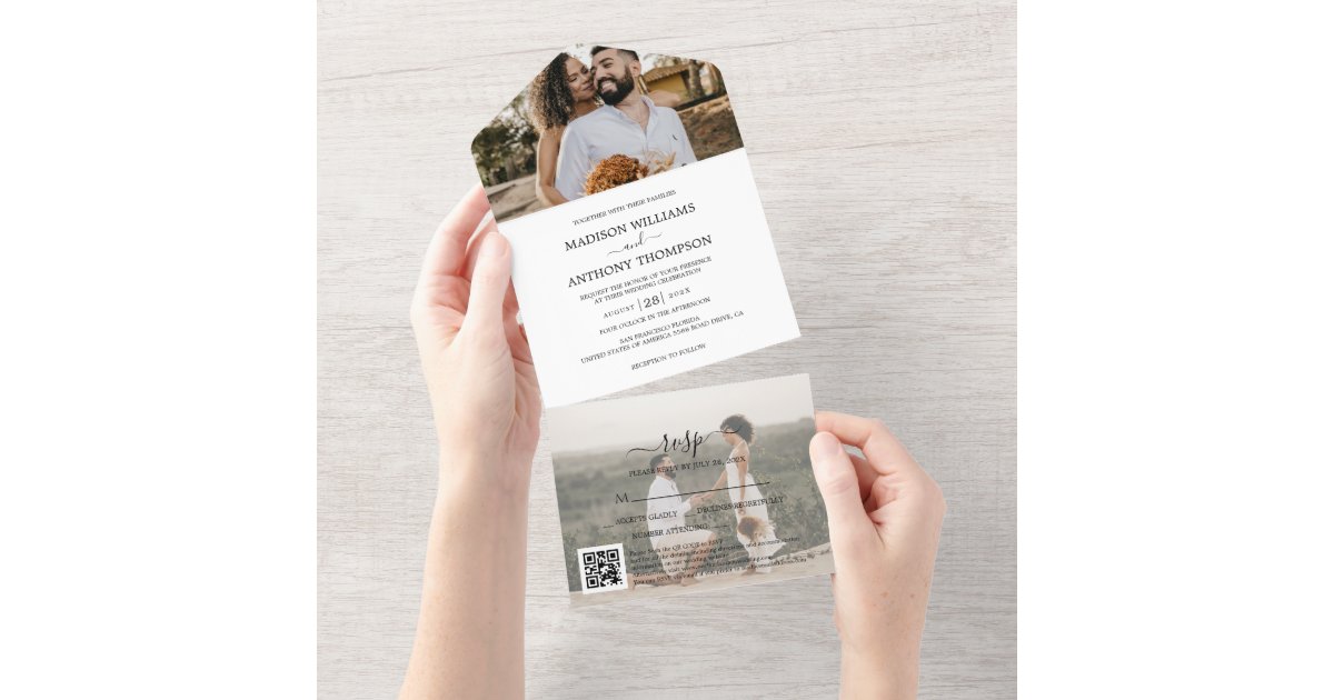 Invitation Tout En Un Élégant simple 2 Photo Qr Code Mariage | Zazzle.fr