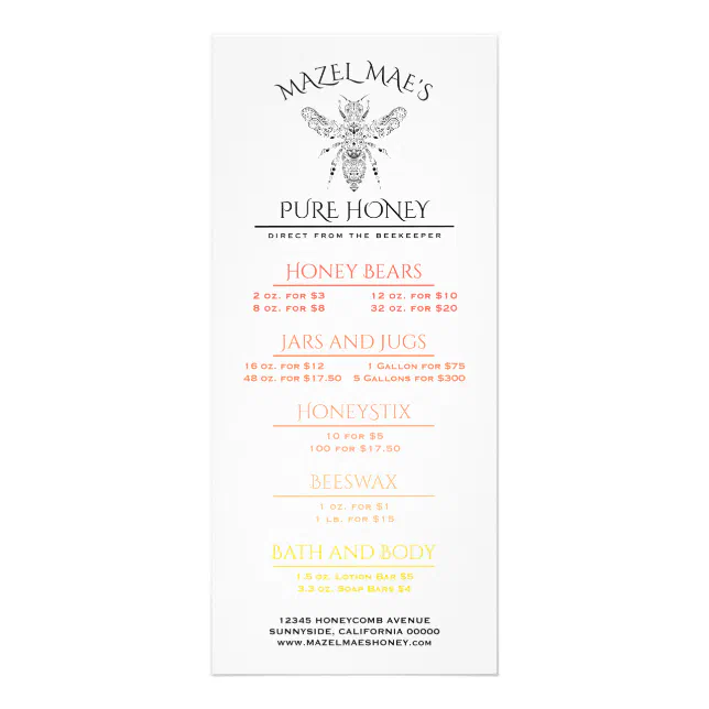 Menu personnalisé de miel de l'apiarium | Zazzle.fr