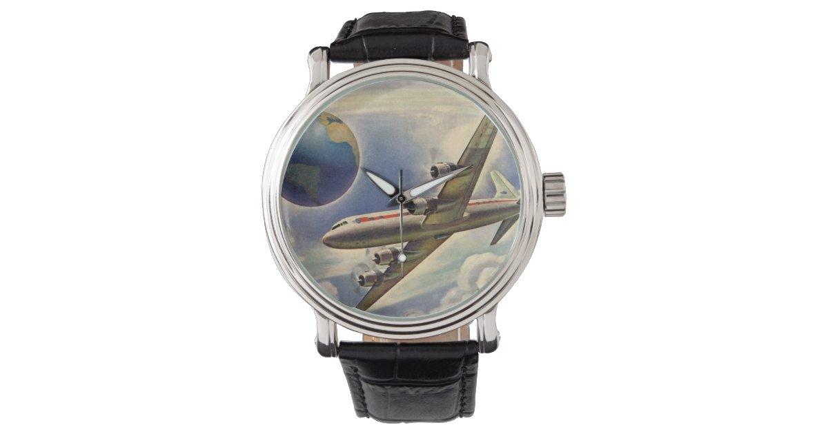 Montre Avion vintage volant autour du monde dans les nuag | Zazzle.fr