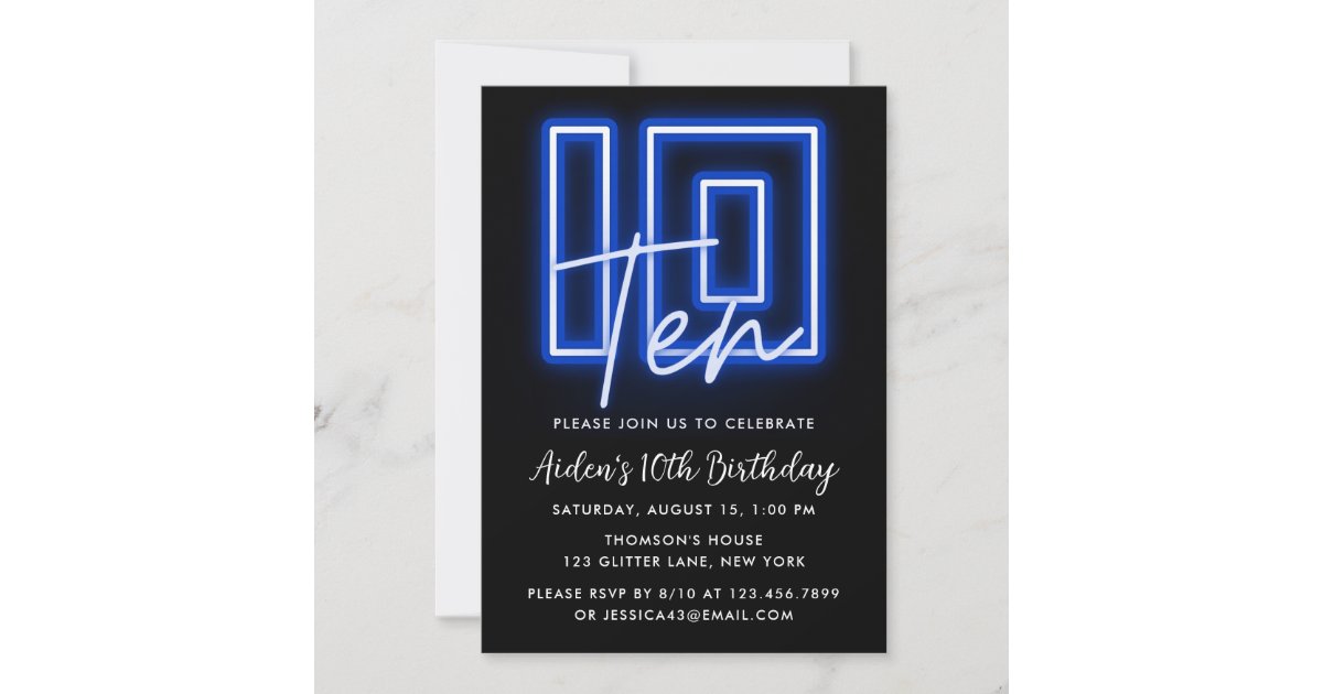 Neon Blue 10th Birthday Invitation | Zazzle.fr