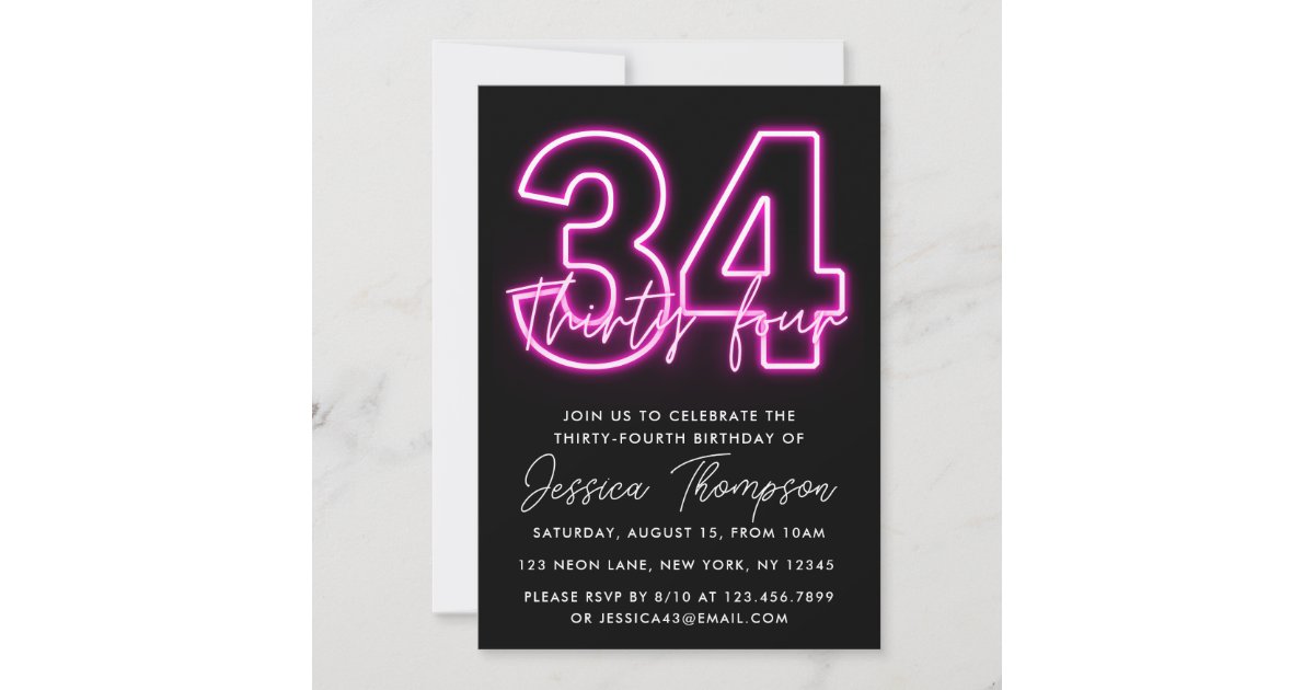 Neon Pink 34th Birthday Invitation | Zazzle.fr