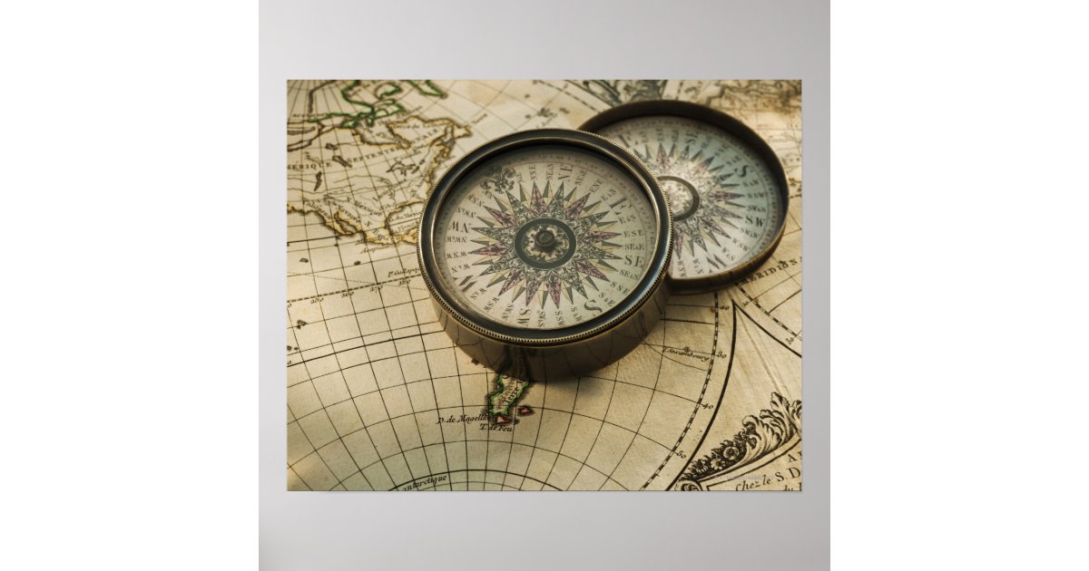Poster Compas antique sur la carte | Zazzle.fr