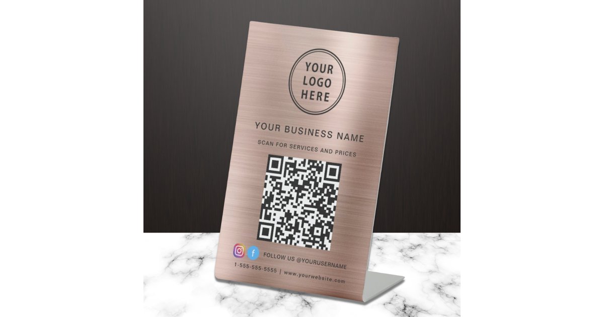 Signe De Table Logo d'entreprise QR Code Social Media Rose Gold | Zazzle.fr