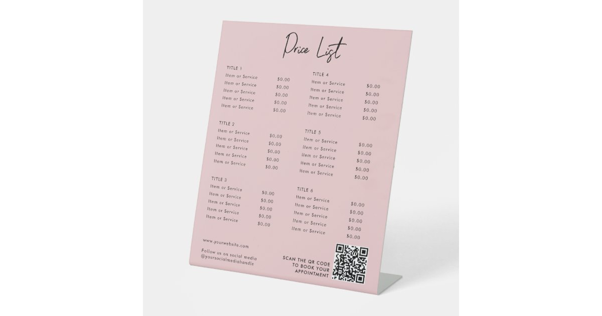 Signe De Table Pink Modern Price List Menu QR Code Social Media | Zazzle.fr