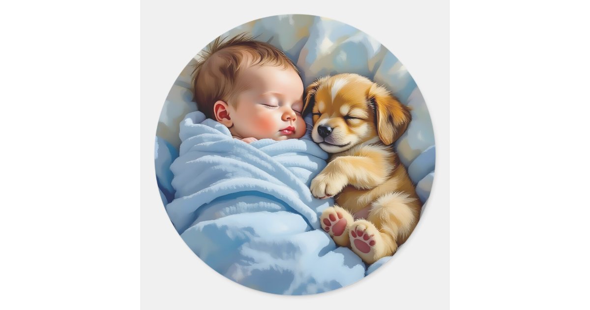 Sticker Rond Naissance bébé garçon Napping avec chiot | Zazzle.fr