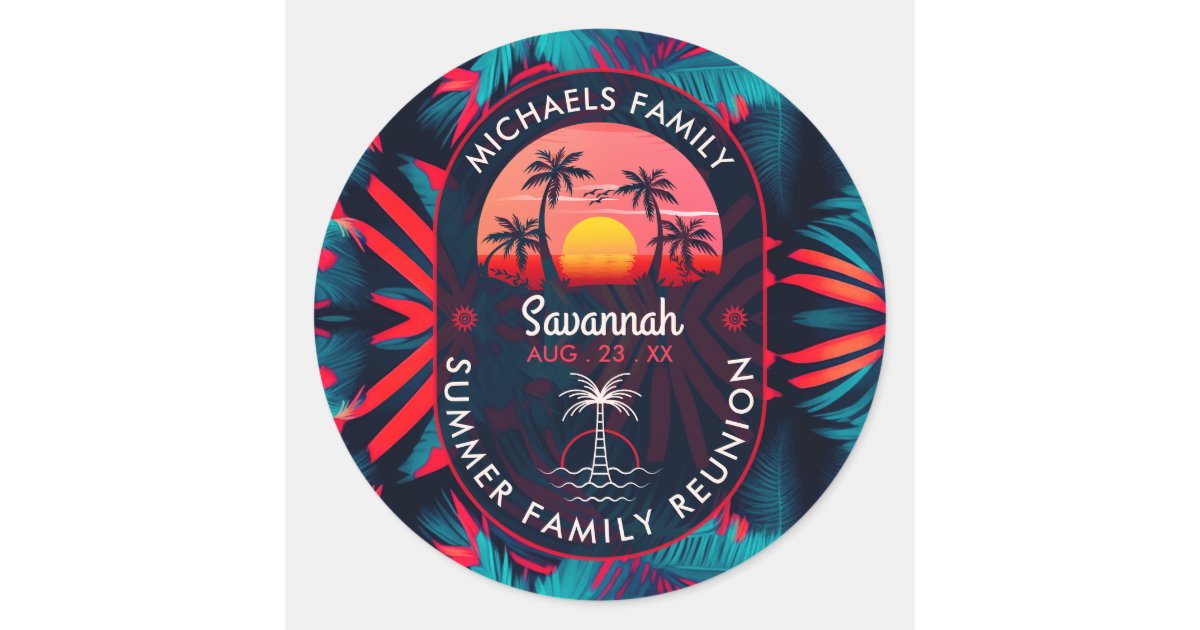 Sticker Rond Réunion en famille Summer Sunset Beach Palmier | Zazzle.fr