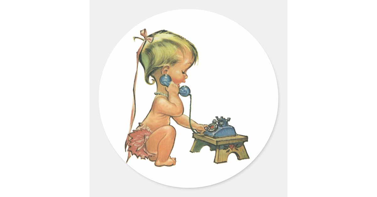 Sticker Rond Vintage enfant mignonne blond fille parler sur le | Zazzle.fr
