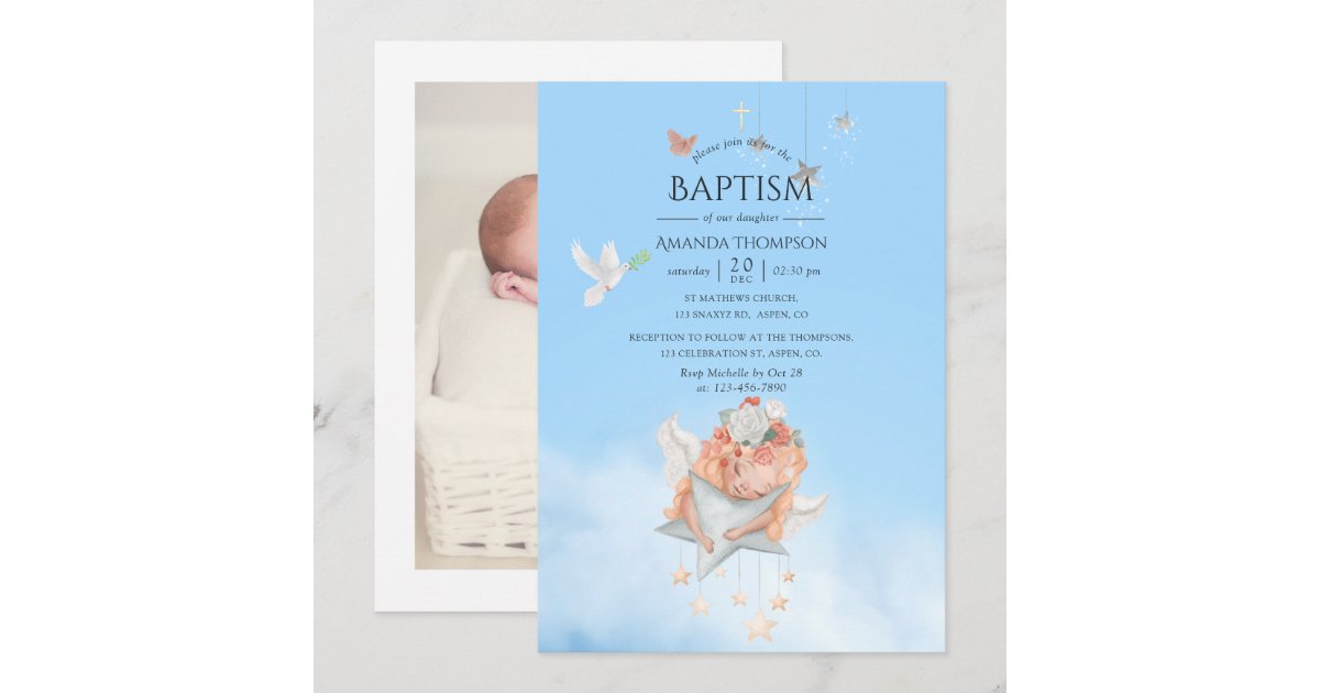 Watercolor Girl Angel Baptême Photo Invitation | Zazzle.fr